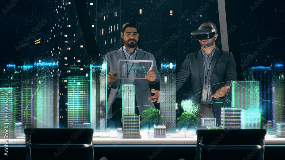 Professional Designer in Suit wearing AR Headset presenting ...