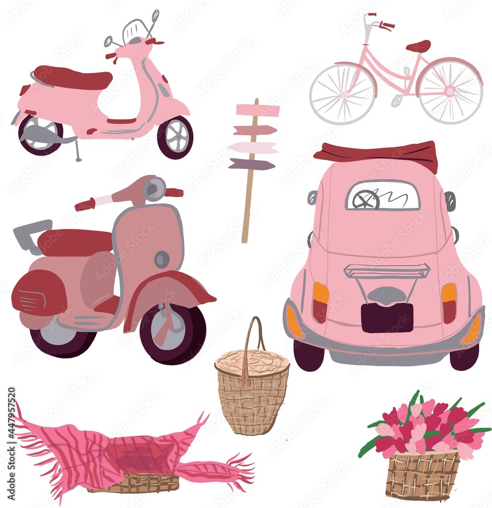 Collection of motorcycles, bike, scooter and moped models flat icons ...