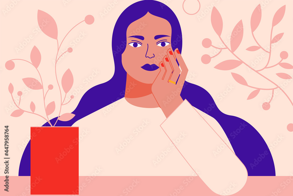 Blue-haired woman with plants, bluenette tired. Concept on mental ...