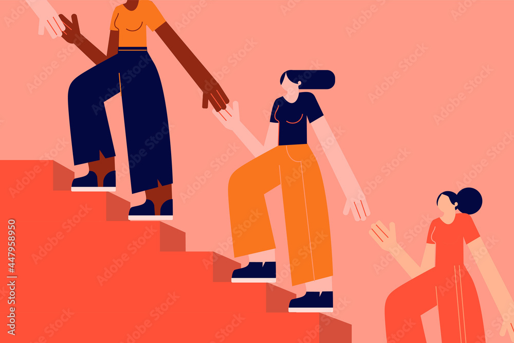 Girls supporting girls, climbing and helping each other. Equality ...