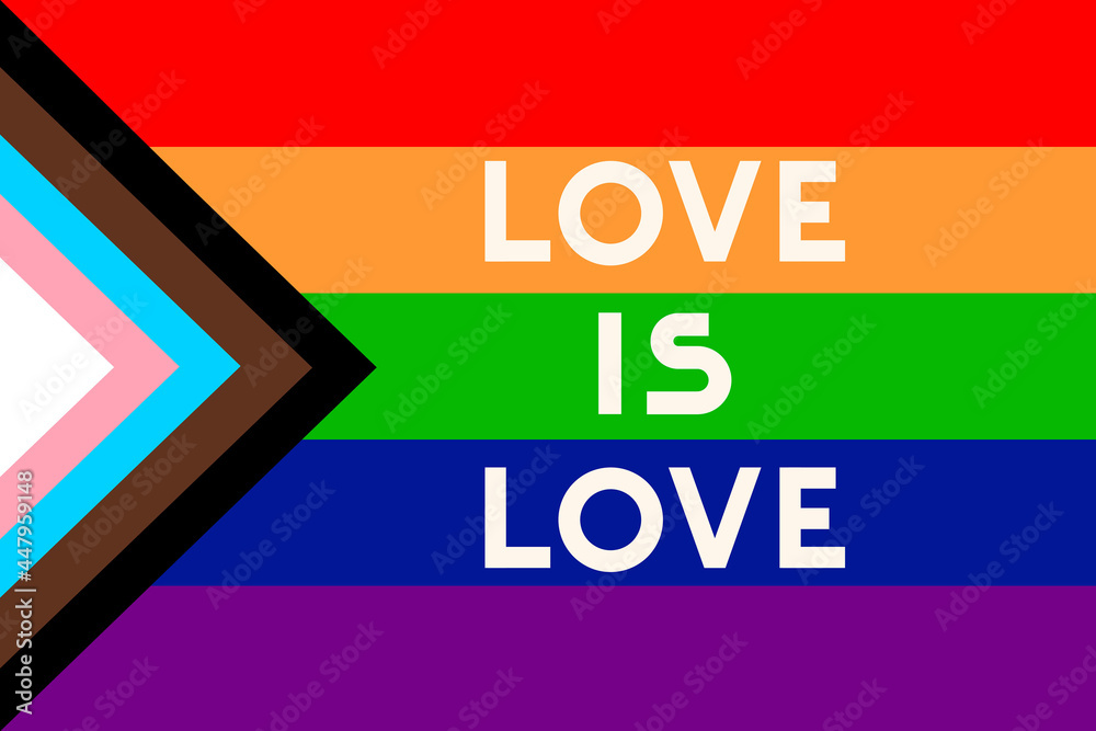 Love is love lettering on progress pride flag. Diversity, unity ...