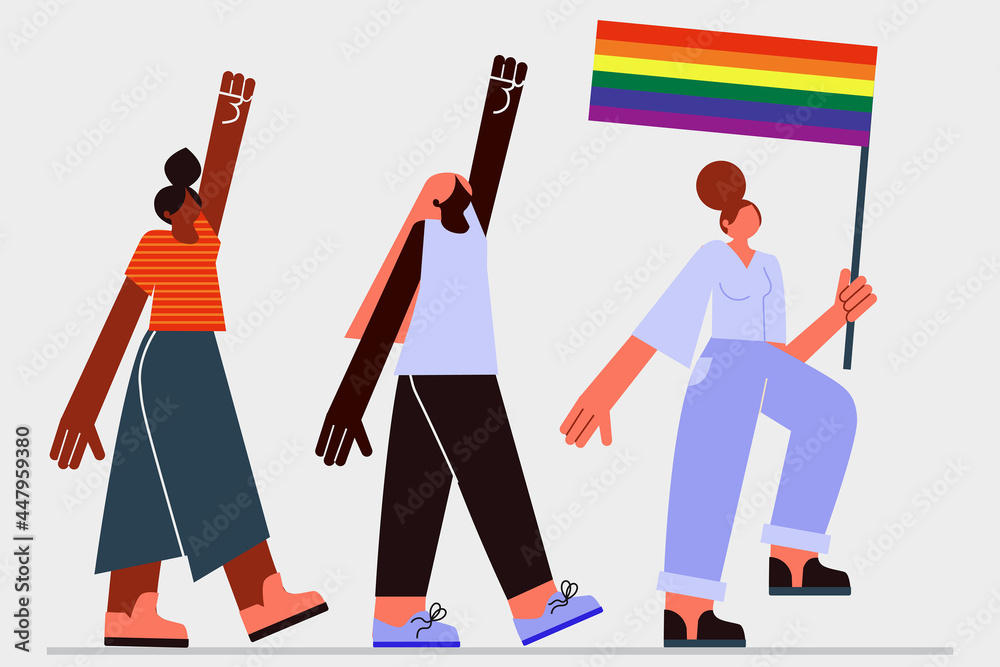 Pride parade, pride flag. Colorful people marching. Vector illustration ...