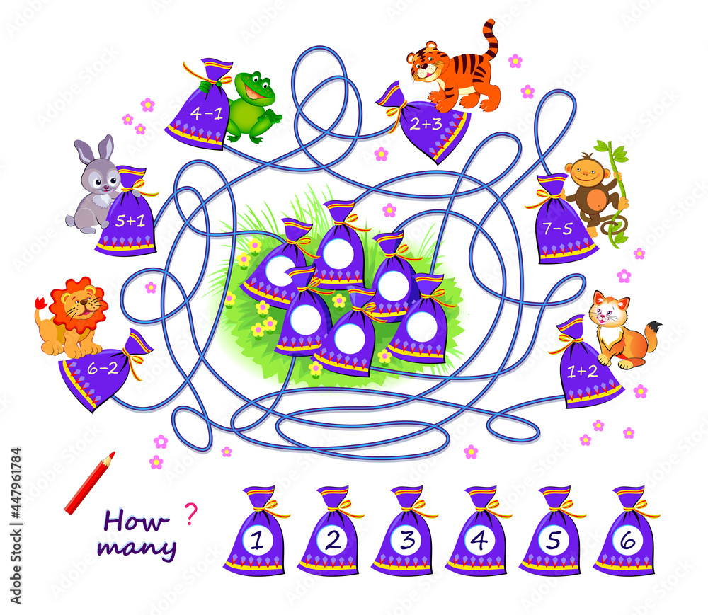 Mathematical exercise on addition and subtraction with maze for little ...