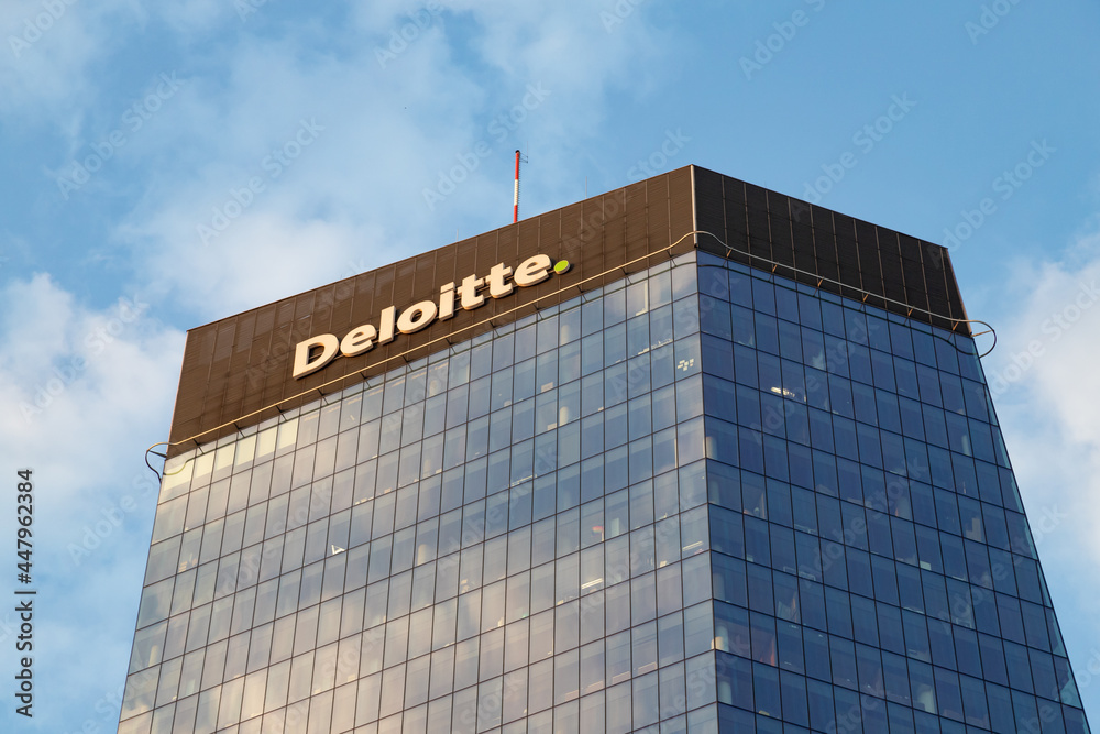 Warsaw, Poland - July 29, 2021: View at Deloitte logo on office ...