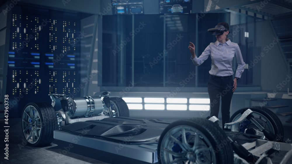 Mockup of Electric Vehicle: Automotive Female Professional Engineer ...