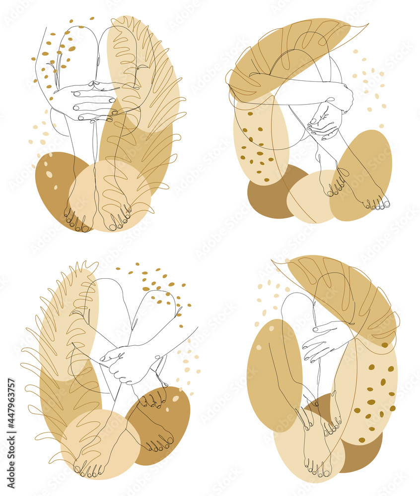 Collection. Silhouettes of human legs and leaves in a modern one line ...