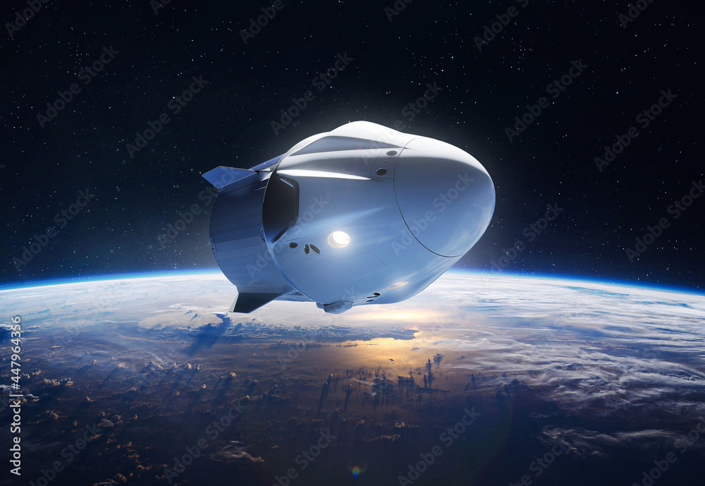 Earth planet. Spaceship on orbit of blue planet. Expedition to ...