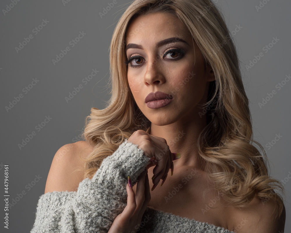 model portrait gray background beauty hair blonde unretouched raw ...