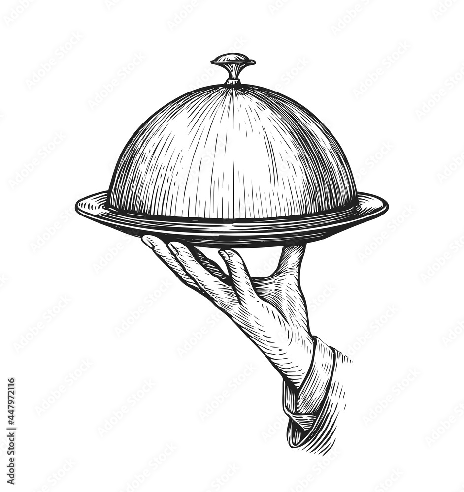 Hand holding tray with lid. Waiter serving food. Restaurant menu sketch ...