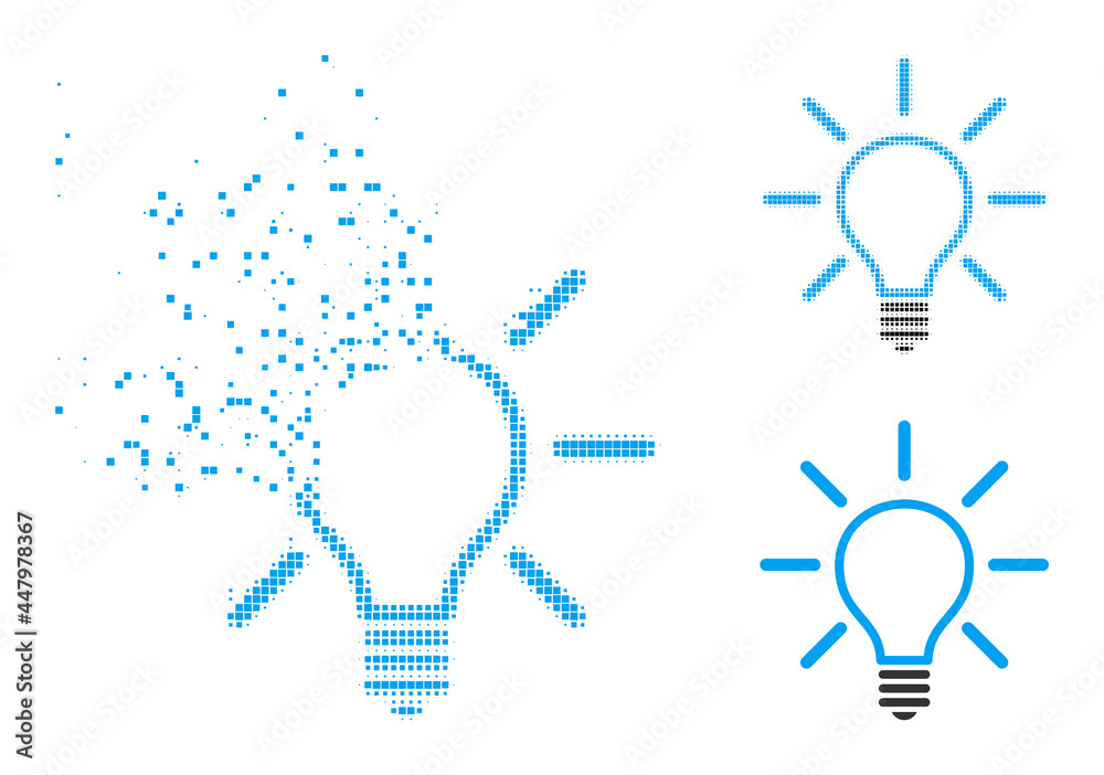 Moving pixelated light bulb glyph with wind effect, and halftone vector ...