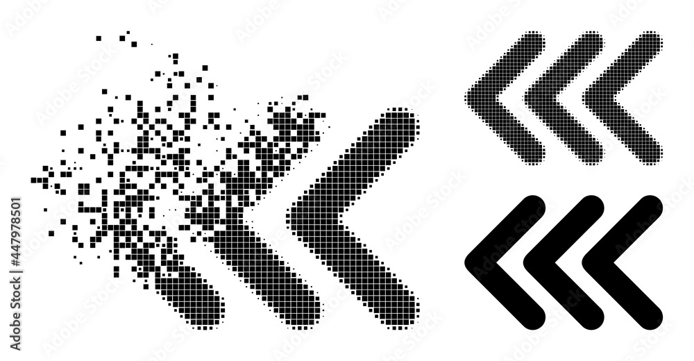 Fragmented dotted triple arrowhead left icon with destruction effect ...