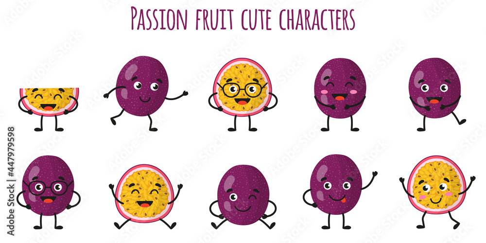 Passion fruit cute funny cheerful characters with different poses and ...