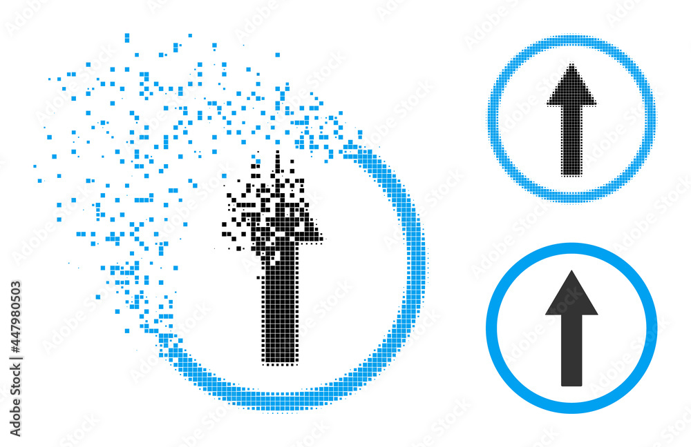 Dispersed dot up rounded arrow icon with destruction effect, and ...