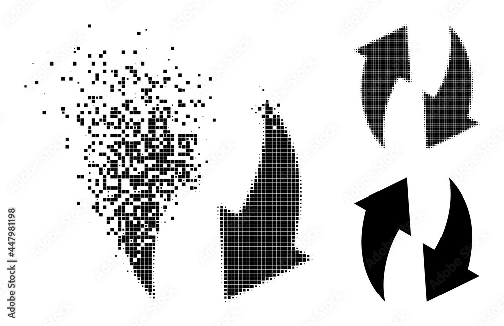 Fractured pixelated refresh glyph with destruction effect, and halftone ...