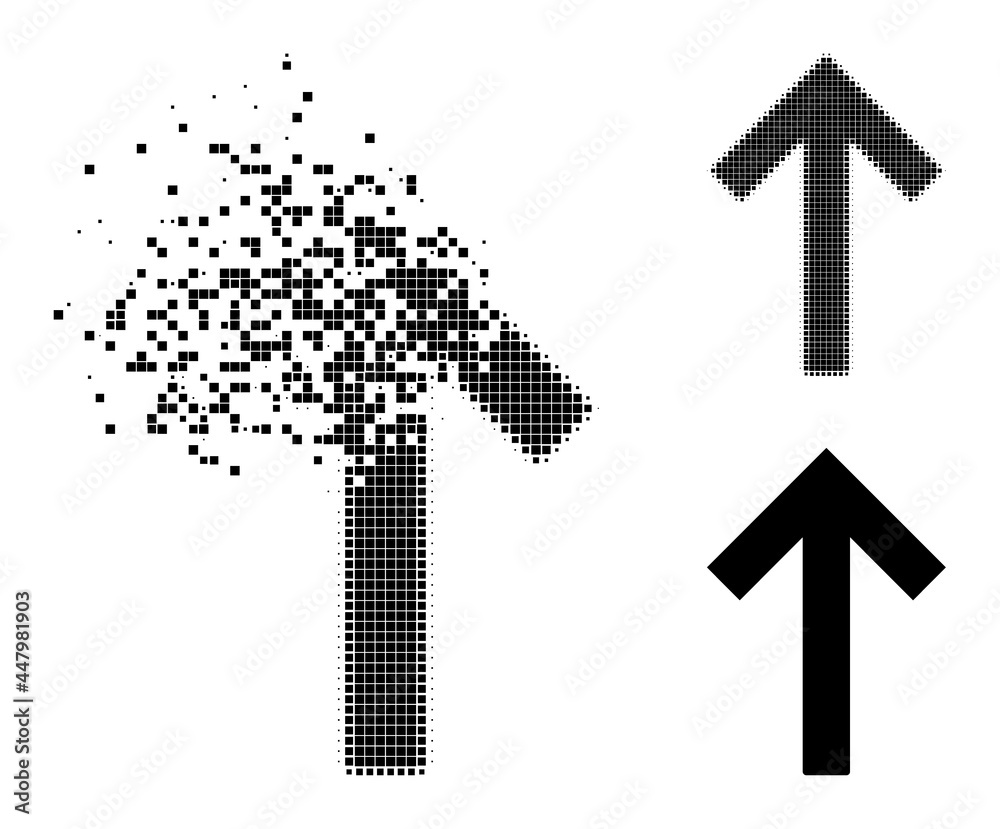 Dissipated pixelated up arrow icon with wind effect, and halftone ...