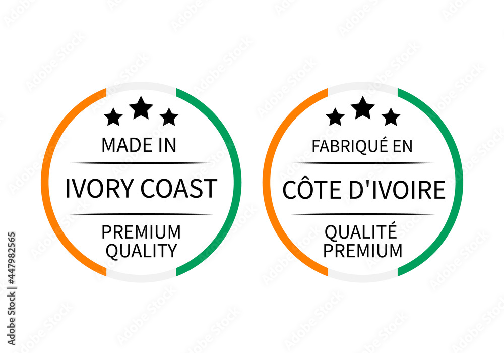 Made in Ivory Coast round labels in English and in French languages ...