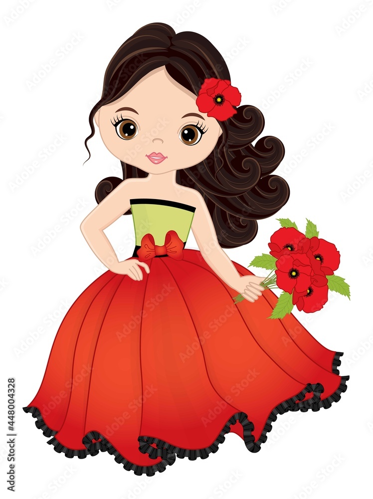 Beautiful Girl Wearing Red Dress with Poppies. Vector Girl with Poppies ...
