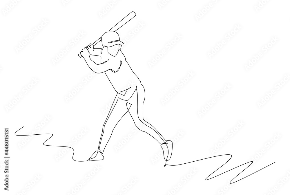 One line drawing of young energetic man baseball player practice swing ...