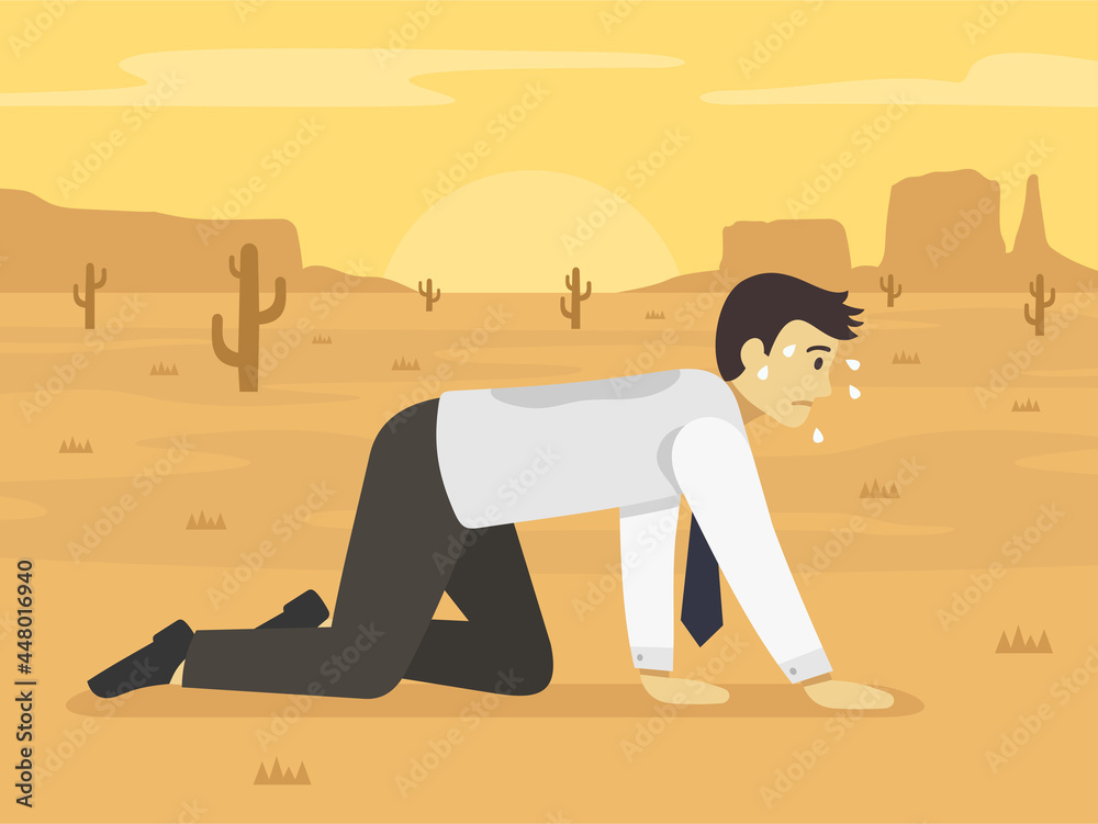 Young manager or businessman crawling through desert. Tired, exhausted ...