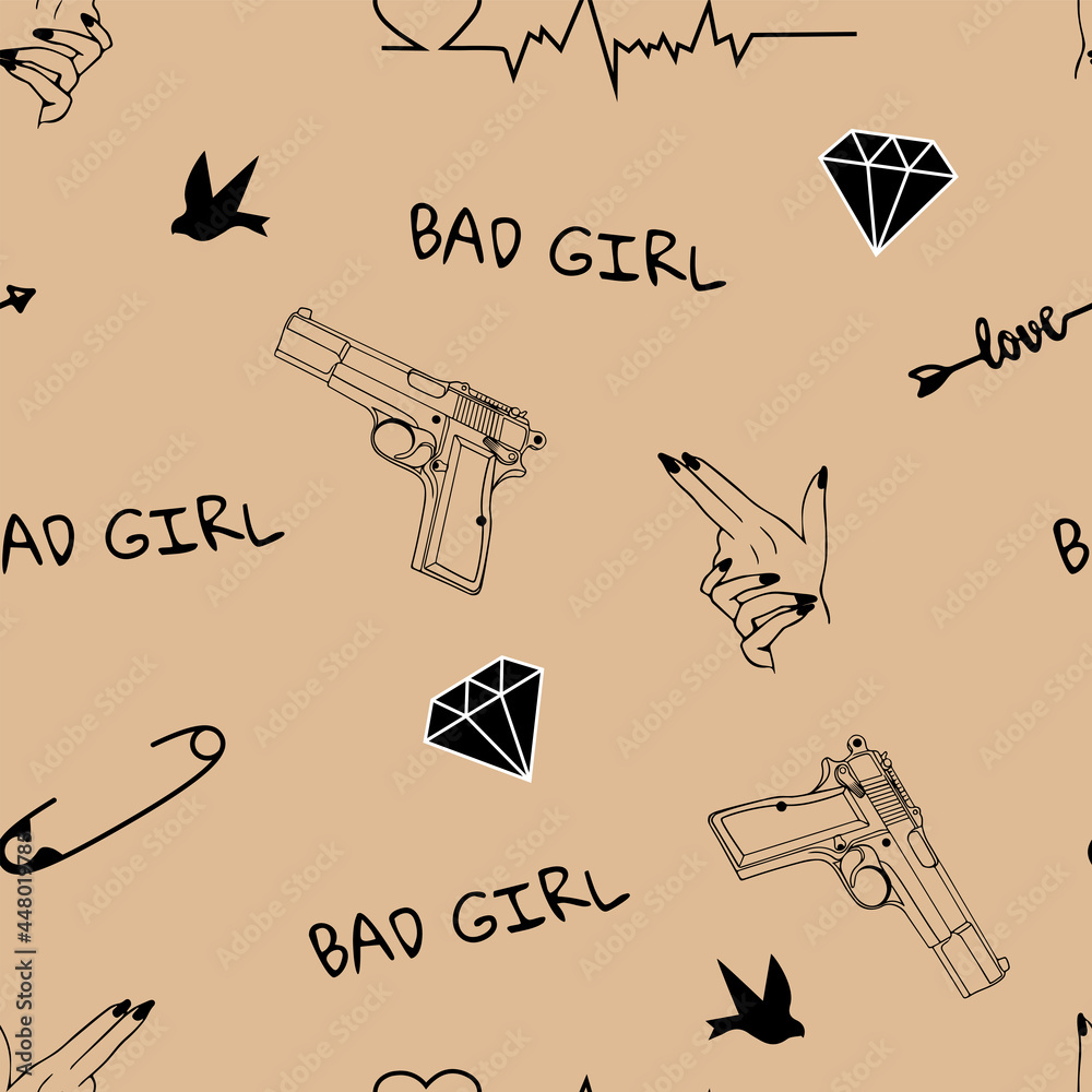 Seamless pattern for cool girls. Background with bad girl tattoo for ...