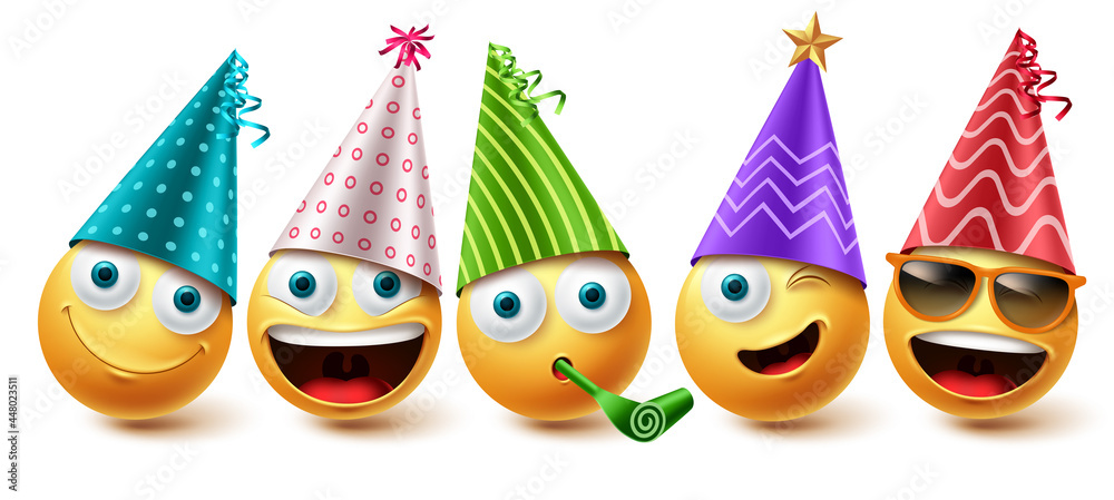 Smiley birthday emoji vector set. Smileys emoticon birthday party icon ...