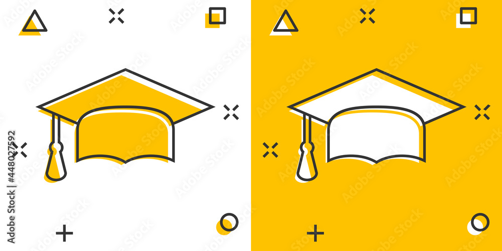 Cartoon graduation cap icon in comic style. Finish education sign ...