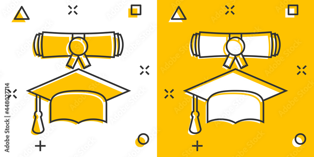 Cartoon graduation cap and diploma scroll icon in comic style ...
