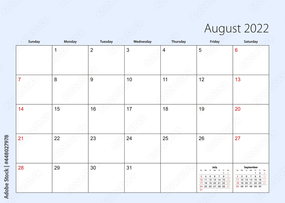 Wall calendar planner for August 2022. English language, week starts ...