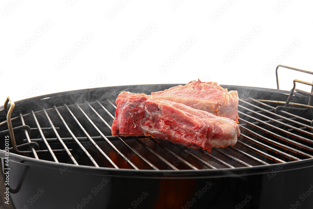 Barbecue grill with tasty meat on white background Stock Photo | Adobe ...