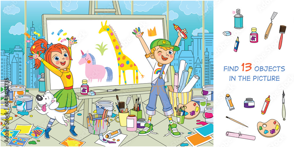 Fun and exciting children's creativity. Children draw on an easel, on ...