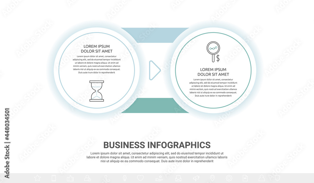 Vector minimal line infographics with circles and arrows. Business timeline 2 steps by step ...
