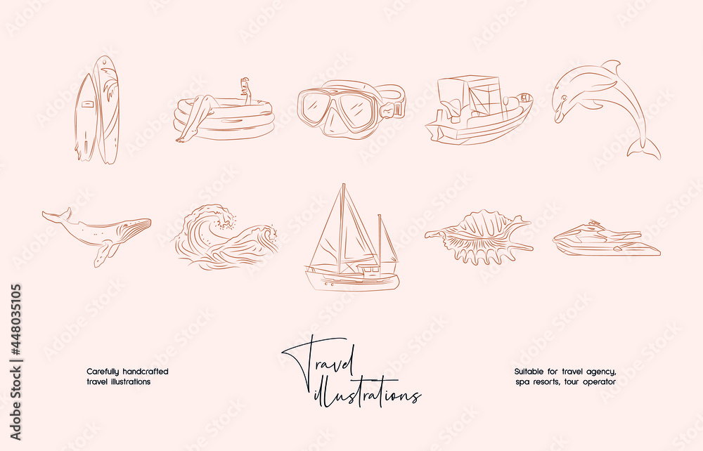 Hand drawn line art minimal travel vector illustration collection ...