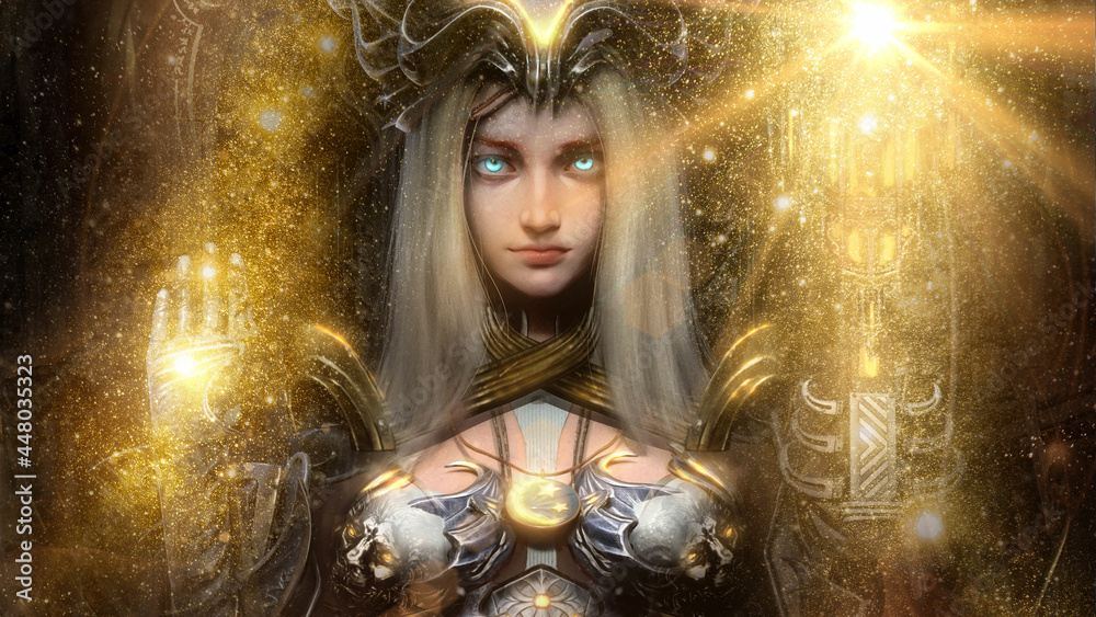 A charming priestess healer, with a cute face in plate armor, calls on ...