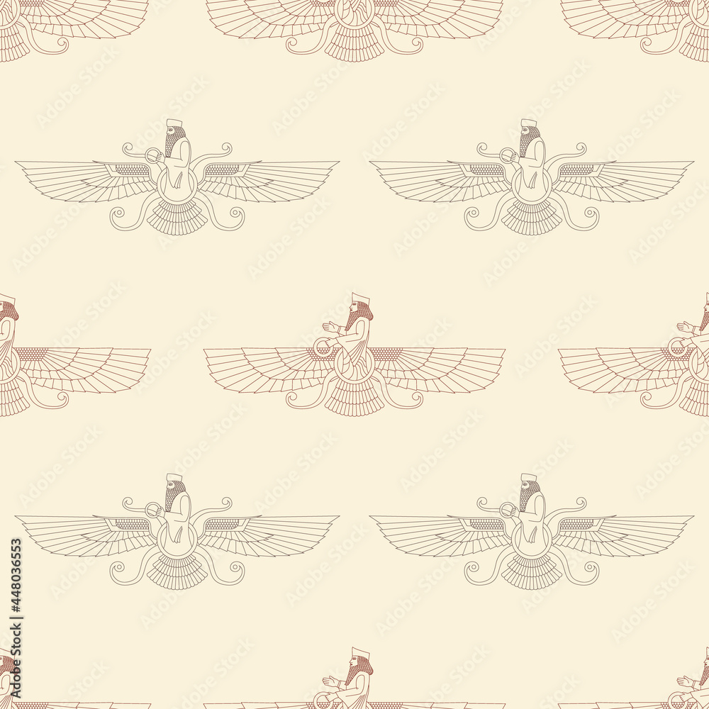 Seamless pattern with ancient sumerian symbol Faravahar for your ...