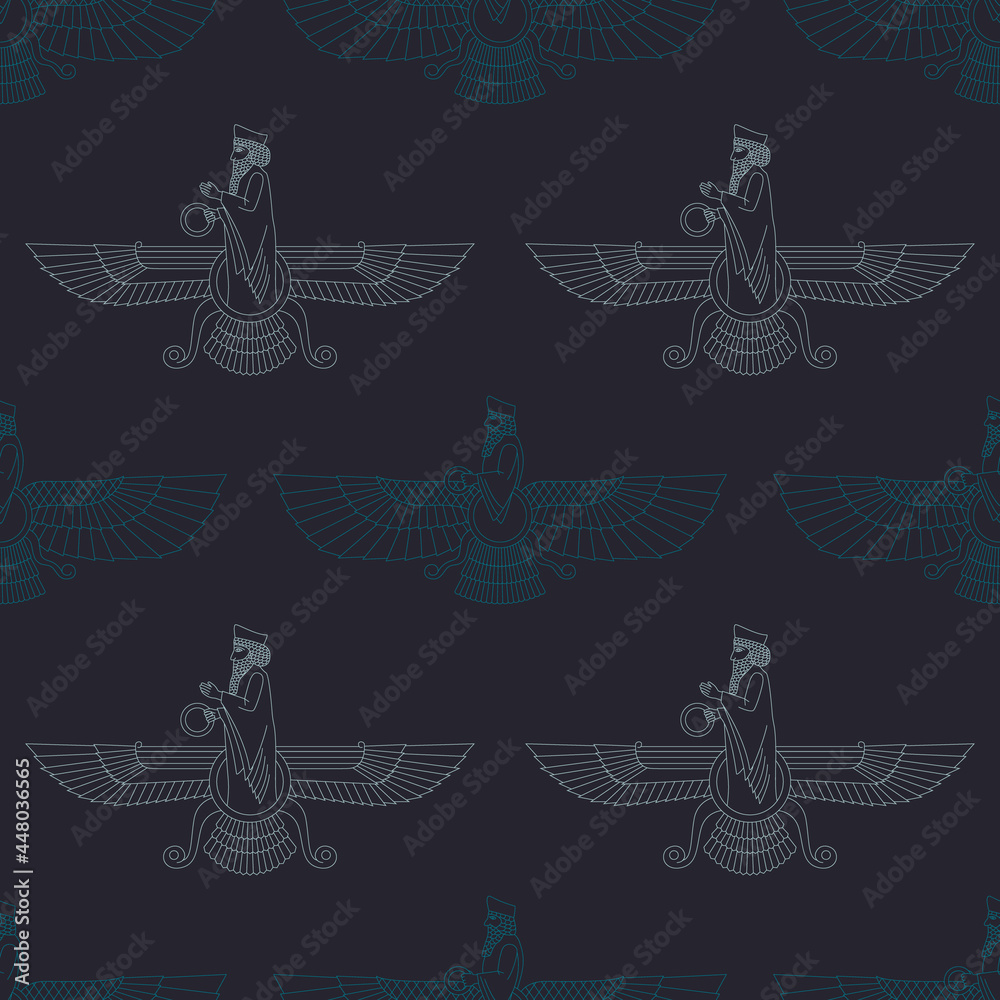 Seamless pattern with ancient sumerian symbol Faravahar for your ...