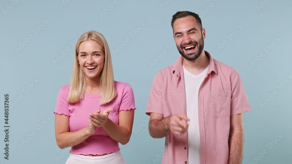 Happy cheerful smiling young couple two friends family bearded man ...
