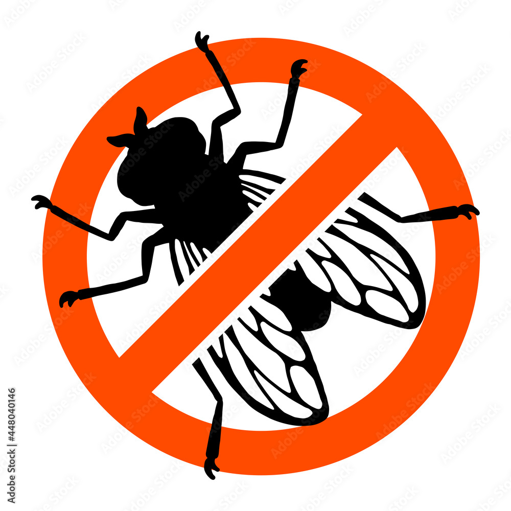 Fly insect. Prohibition sign. Black silhouette. Design element. Vector ...