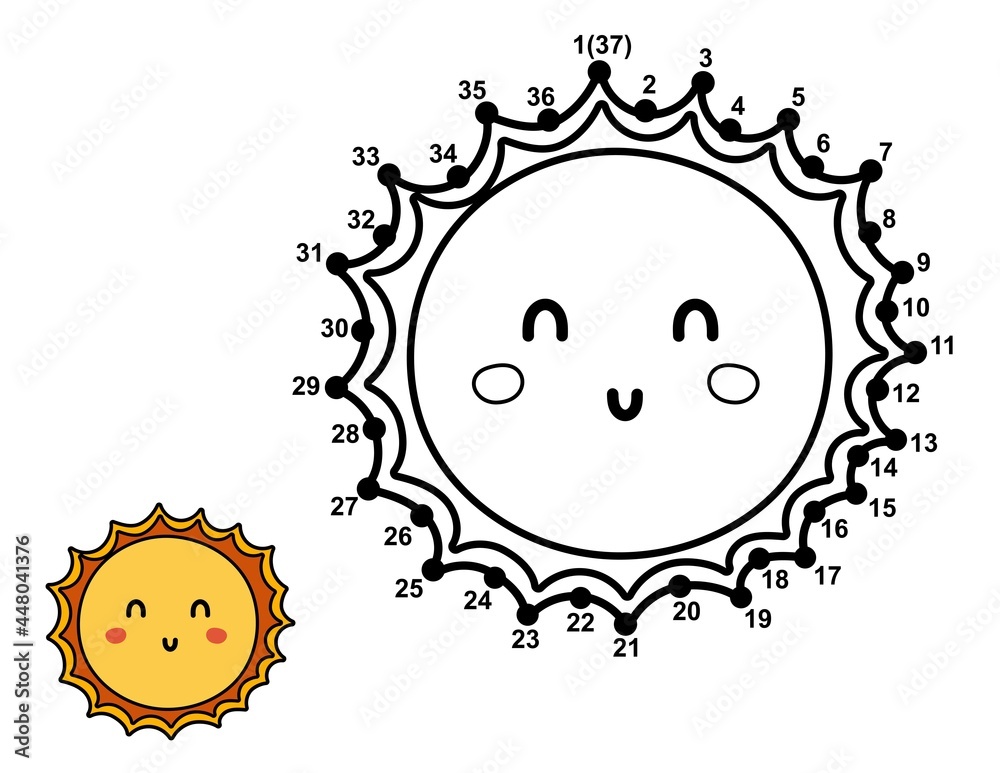 Connect the dots and draw cute sun character. Space dot to dot game ...