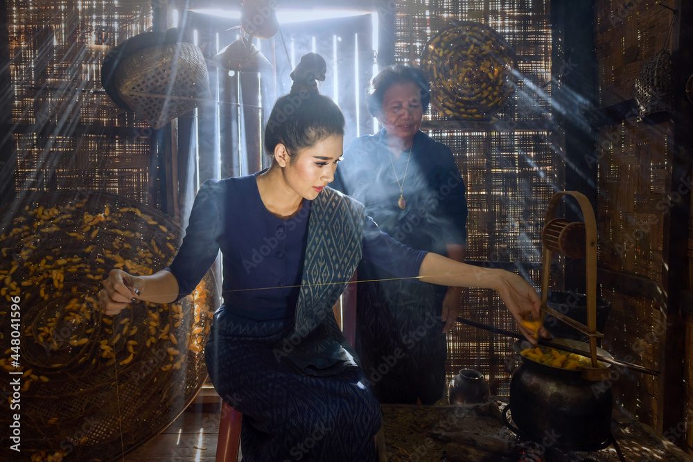 Crafts and craftsmanship. Traditional Isan Thai silk indigo weaving ...