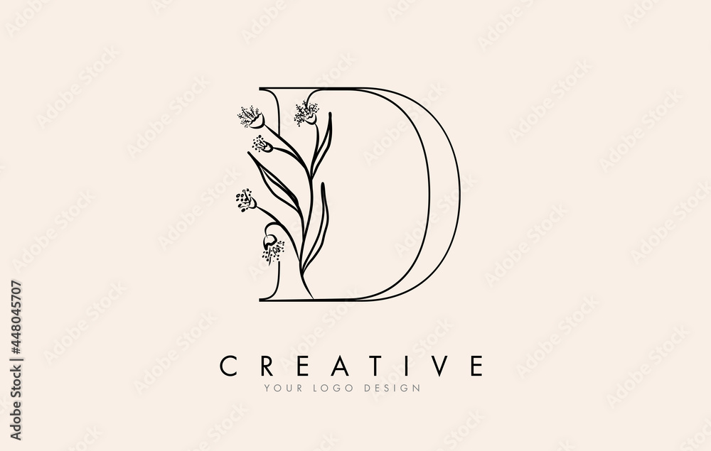 Black Outline D letter logo design with black flowers vector ...