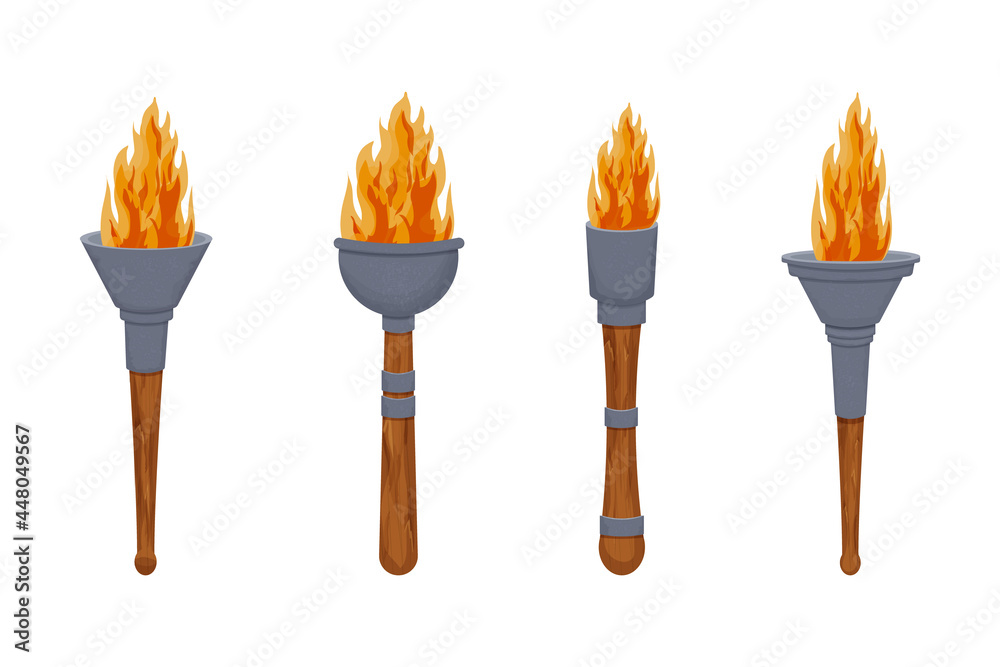 Set medieval torch with flame in cartoon style isolated on white ...