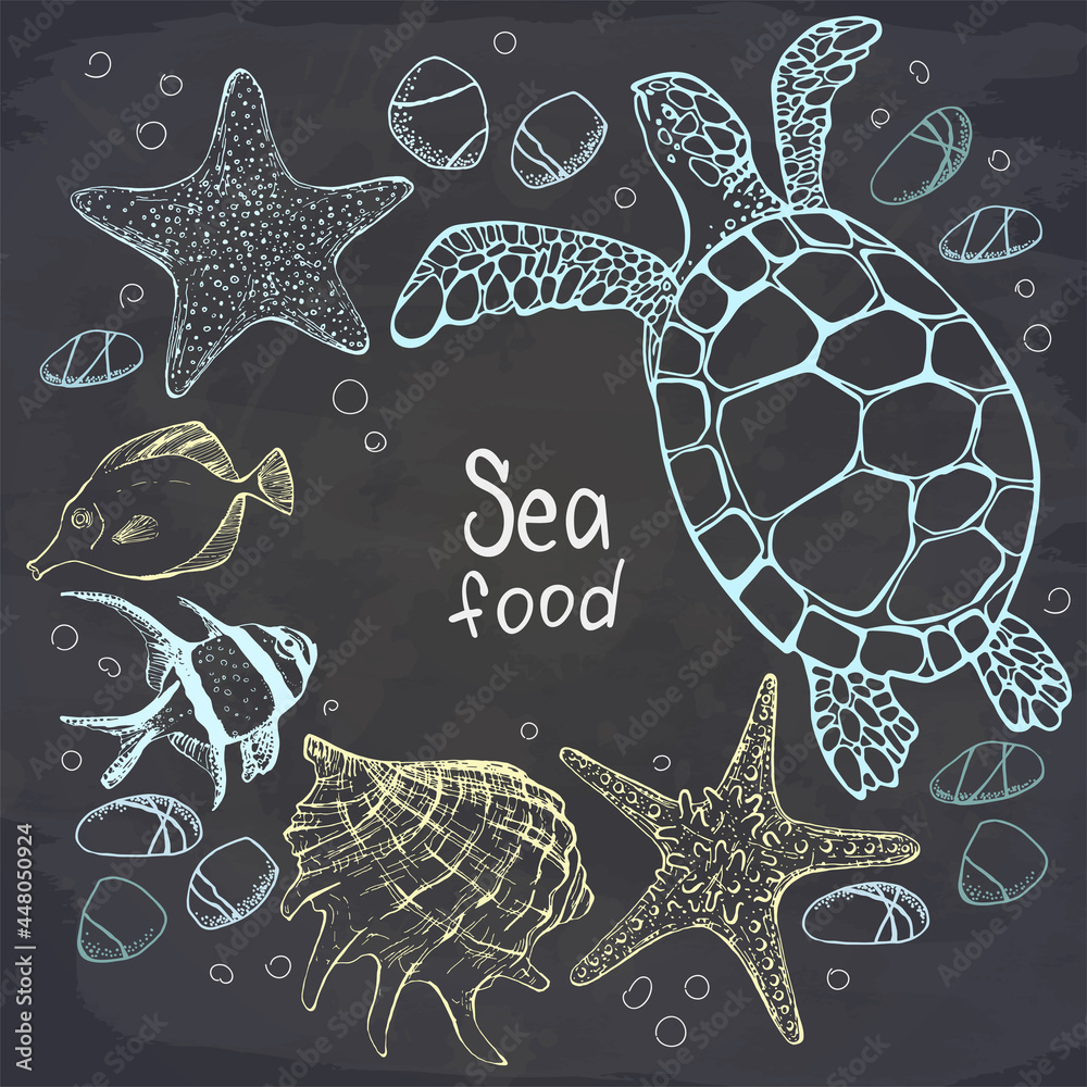 Template for sea food restaurant menu. Tropical fish, seashell ...