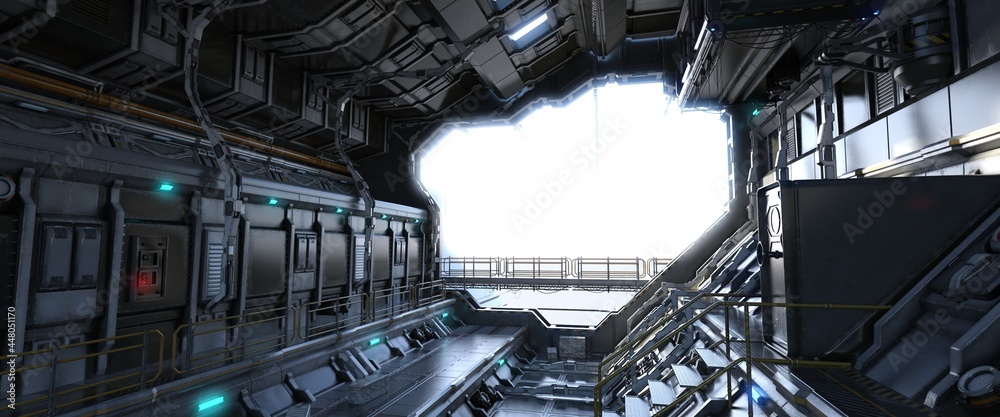 A futuristic spaceship hangar on a white blank background where you can ...