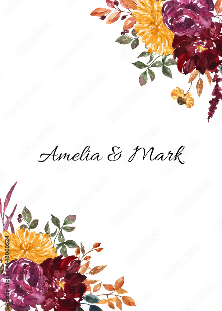 Watercolor fall floral frame, invitation template with hand painted red ...
