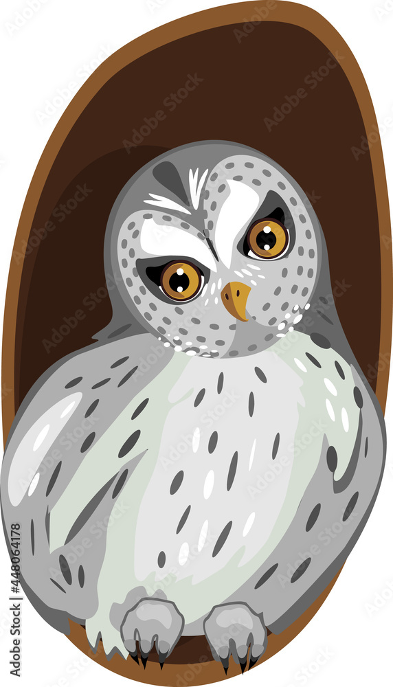 Cartoon tawny owl (Strix aluco) sitting in tree hollow isolated on ...