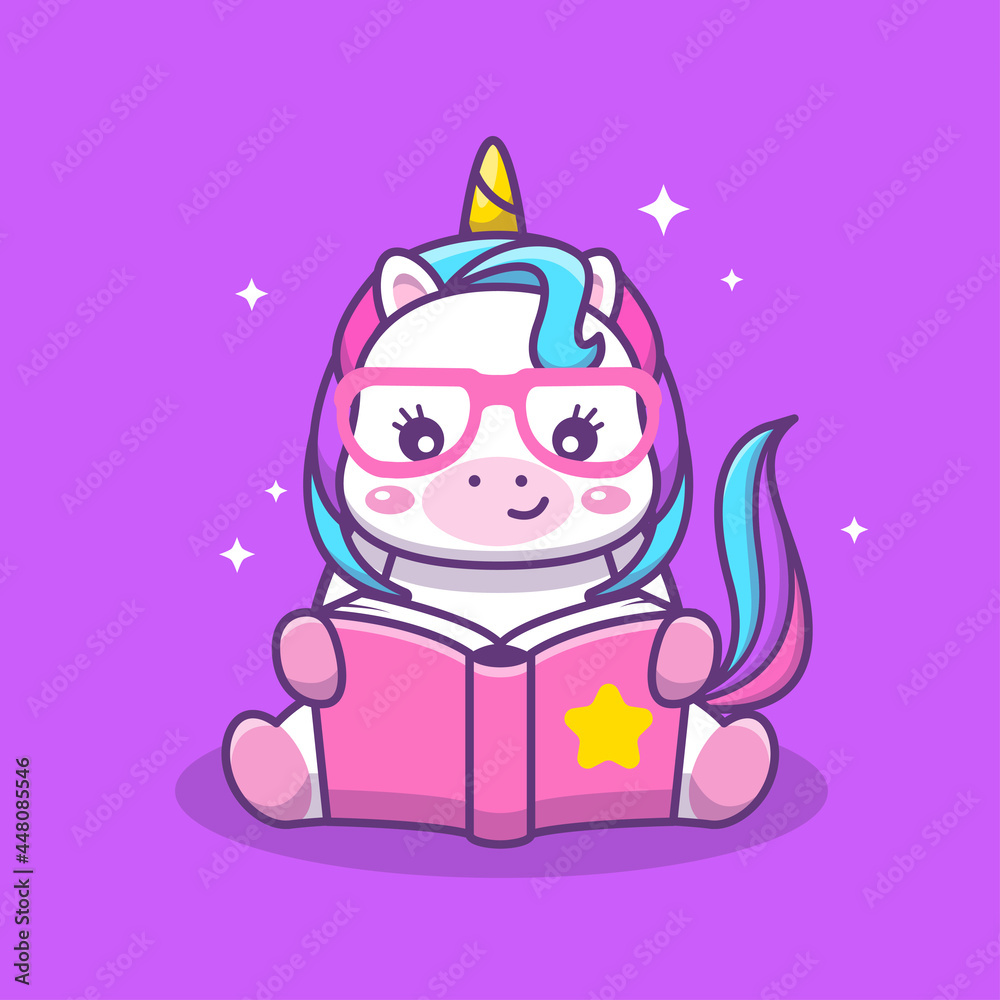 Cute kawaii unicorn reading book cartoon illustration Stock Vector ...
