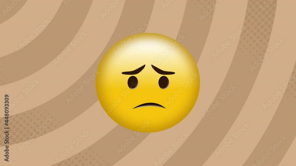 Digital animation of sad face emoji against spinning spirals on brown ...