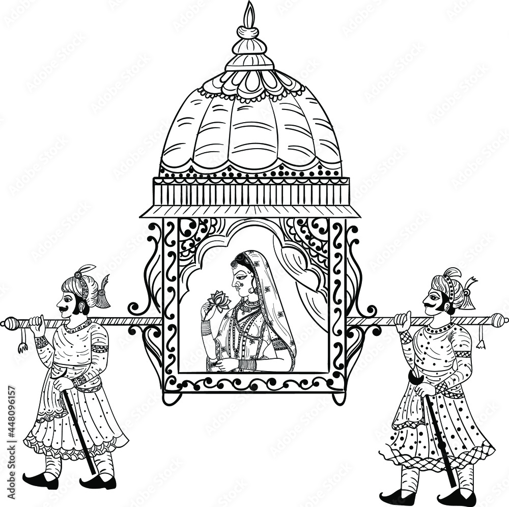 Indian wedding symbol bride in Doli vector line art clip art. Indian ...