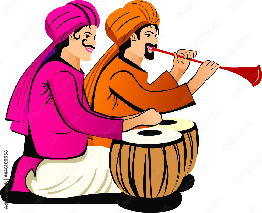 Vetor de Indian wedding clipart two men playing Indian music instrument ...