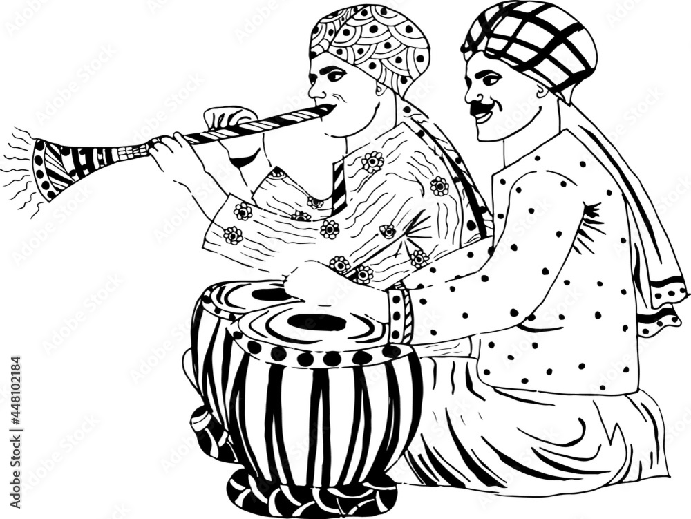 Indian wedding symbol music instrument player with tabla and shehnai ...
